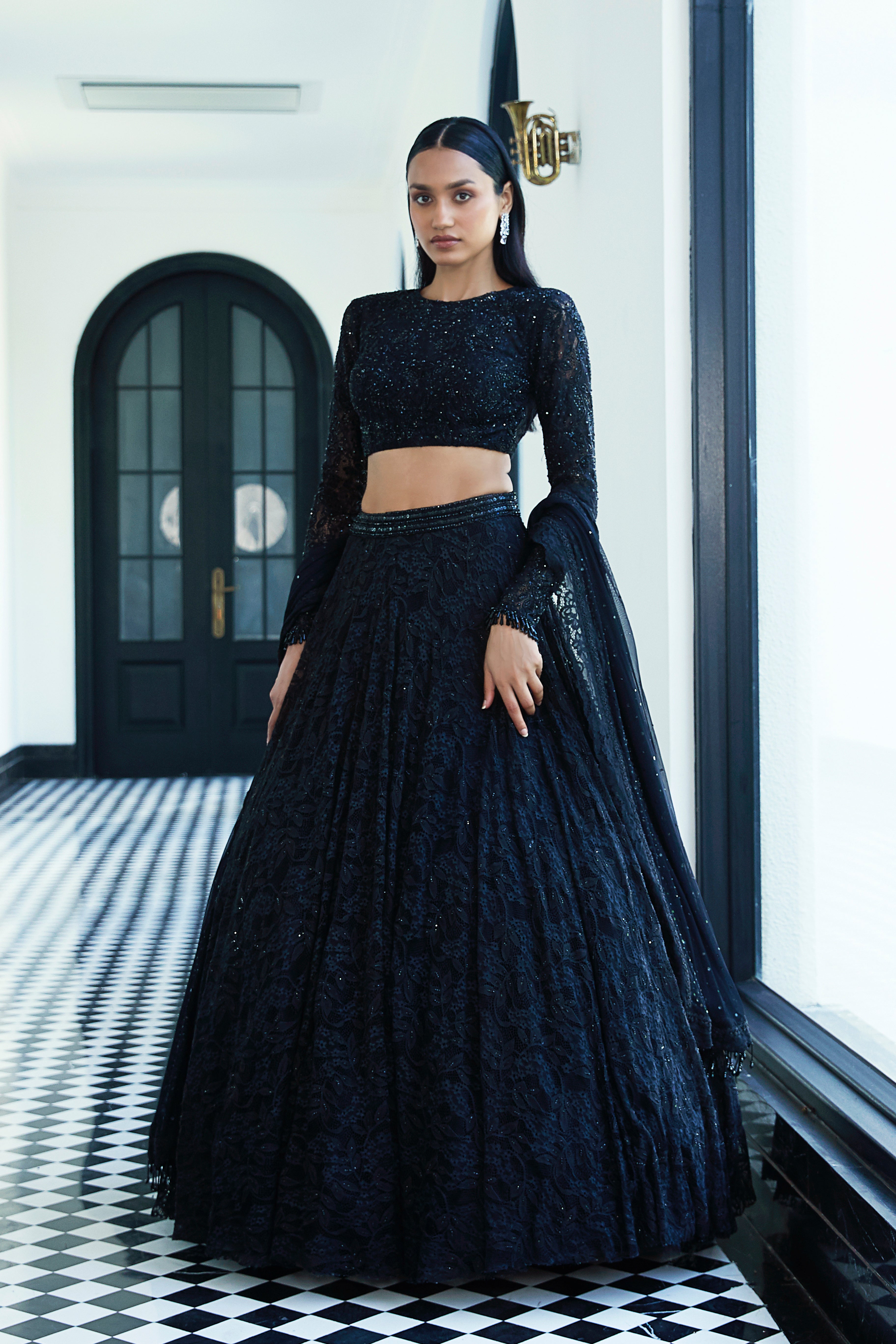 Black Chantilly Net Embroidered Lehenga Set – SIYA